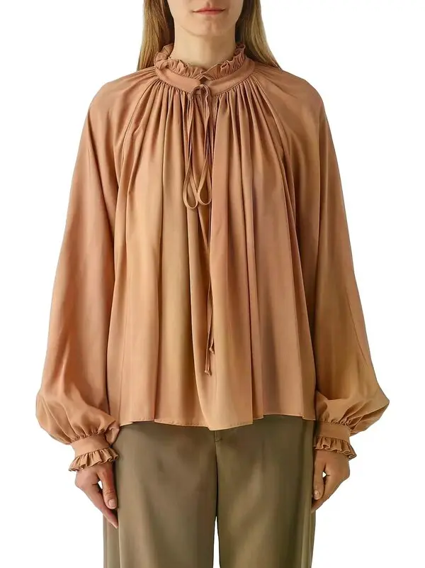 PT TORINO Pleated Ruffled High Neck Blouse - Neutrals