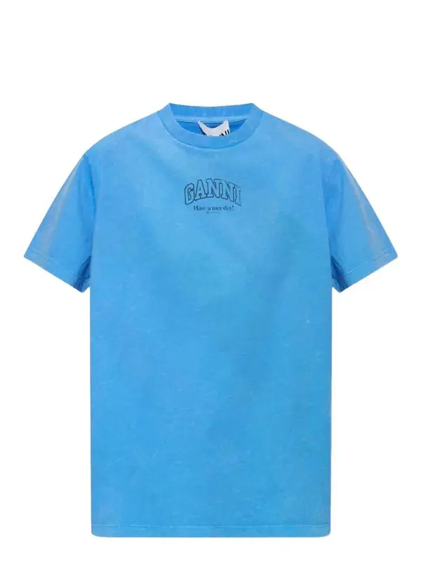GANNI Logo Print Cotton T-shirt - Blue