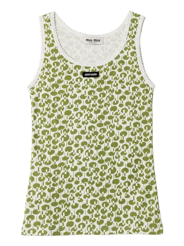 Miu Miu Floral Print Cotton Tank Top - Ivory/fern