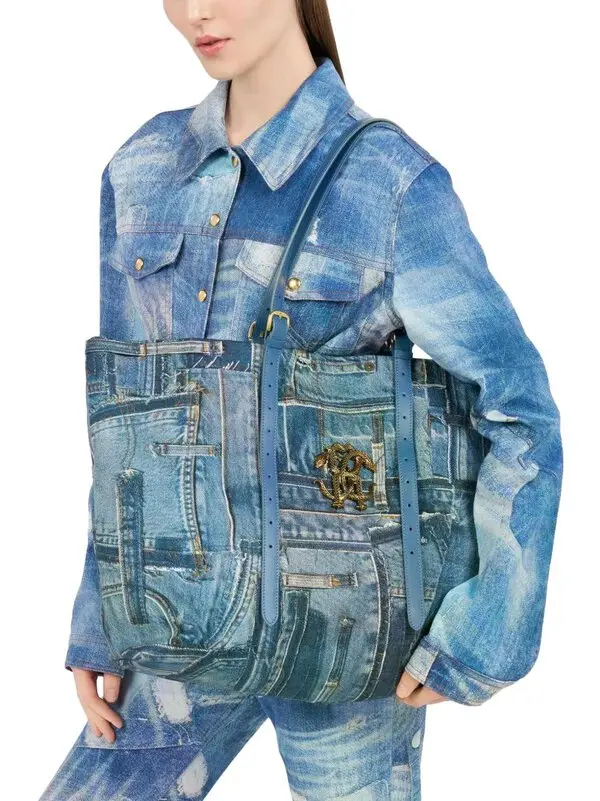 Roberto Cavalli Denim-patchwork Snake-monogram Tote Bag - Blue
