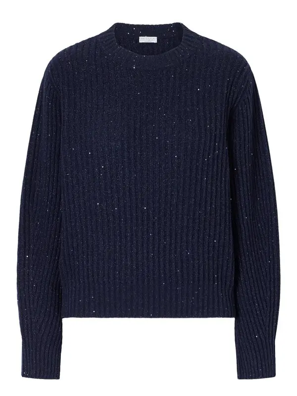 Brunello Cucinelli Sequin-trimmed Ribbed-knit Sweater - Blue