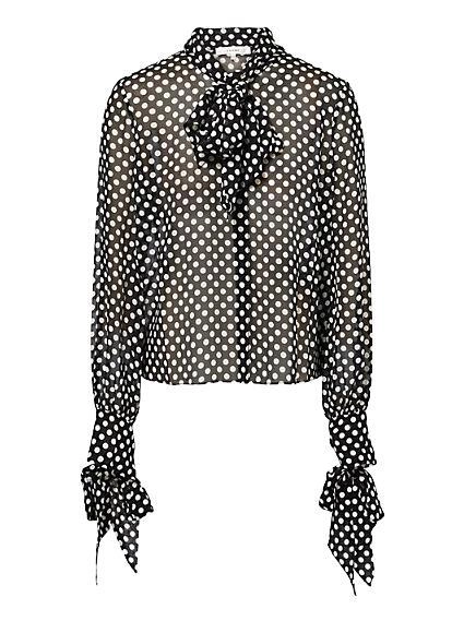 FRAME Polka Dot Silk Blouse With Neck Tie - Black Multi