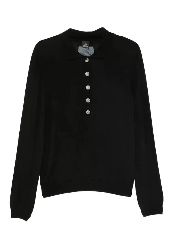 Versace Wool Knitted Button-up Polo Sweater - Black