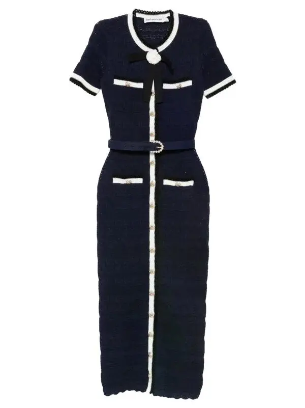SELF-PORTRAIT Belted Bow Detail Midi Dress - Blue