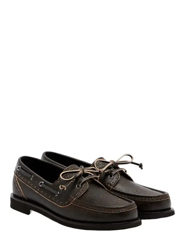 Brunello Cucinelli Monili Leather Boat Shoes - Brown