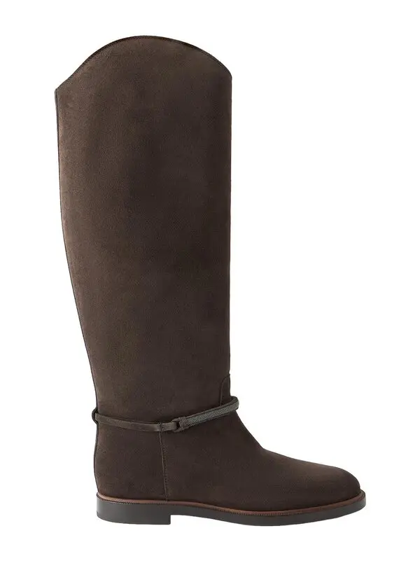 Brunello Cucinelli Suede Knee-high Boots With Monili Embellishment - Brown