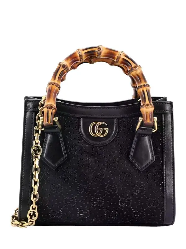 Gucci Diana Nm Bamboo Handle Crystal Embellished Gg Canvas Mini Tote Bag - Black