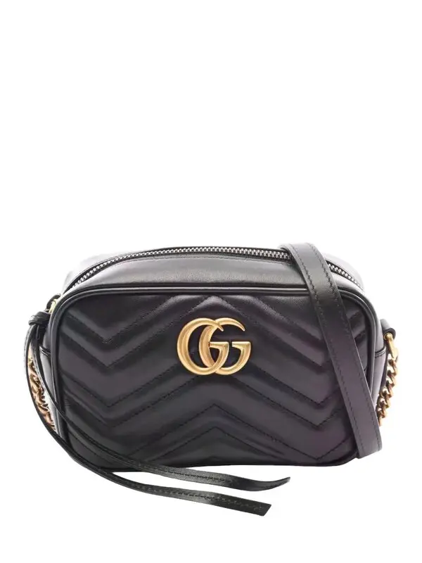 Gucci Leather Chevron Quilted Logo Plaque Shoulder Bag - Black