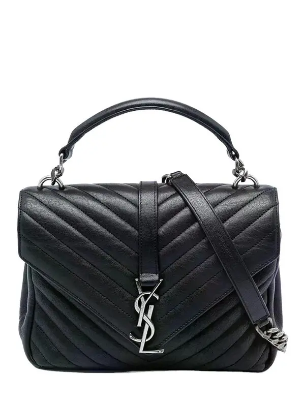 Saint Laurent Medium Chevron Sheepskin Monogram College Satchel - Black