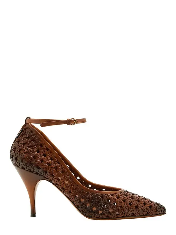Miu Miu Woven Leather Pointed-toe Pumps With Ankle Strap - Brown