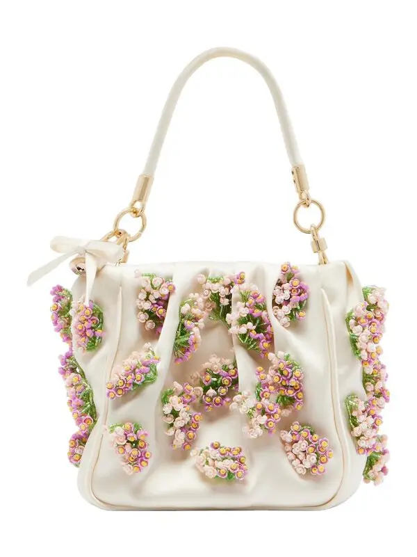 SELF-PORTRAIT Beaded Floral Satin Tote Bag - White