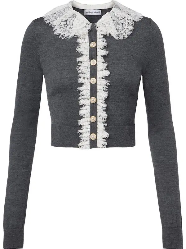 SELF-PORTRAIT Lace-trimmed Wool Cardigan - Grey