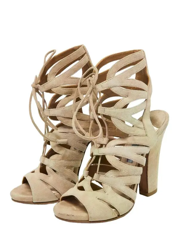 Prada Lace-up Suede Heeled Sandals - Neutrals