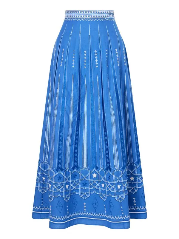 EMPORIO SIRENUSE Camille Embroidered Linen And Cotton-blend Midi Skirt - Blue