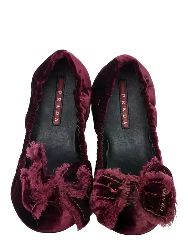 Prada Burgundy Velvet Bow Detail Ballet Flats - Red