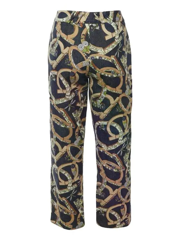 FERRAGAMO Gancini Floral Print Straight Leg Trousers - Blue