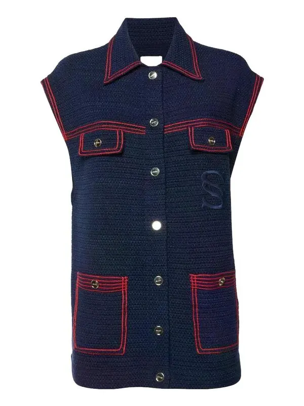 Sandro Sleeveless Jacket With Contrast Topstitching - Blue
