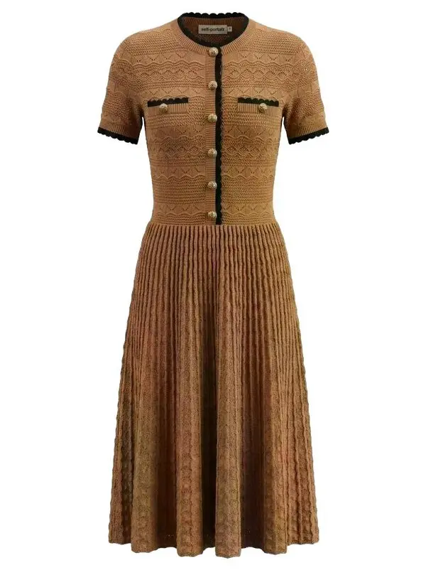 SELF-PORTRAIT Pointelle Knit Scalloped Trim Midi Dress - Brown