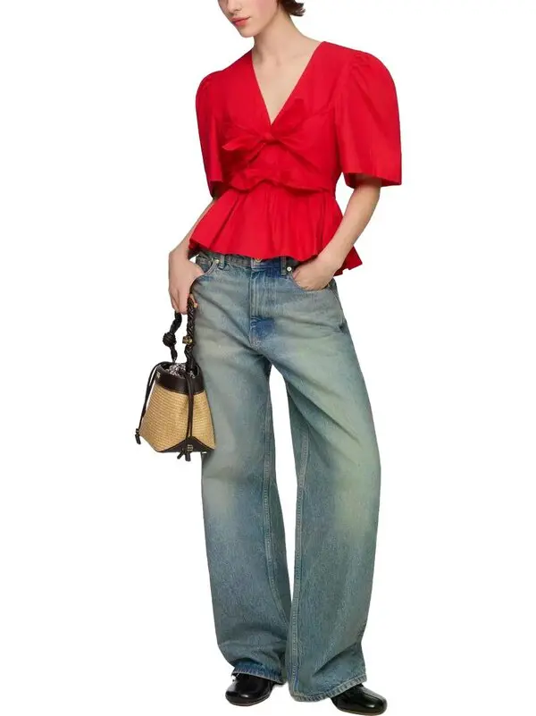 GANNI Bow Detail Peplum Hem Blouse - Red