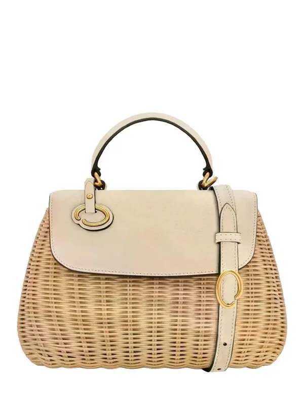 Oscar De La Renta Mini Poppy In Wicker Leather-trim Tote Bag - Neutrals