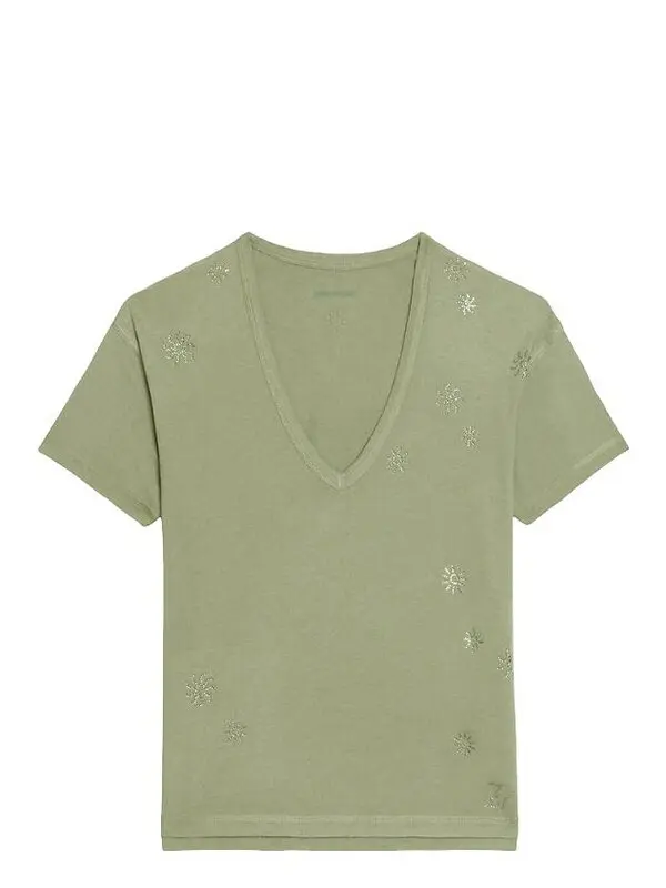Zadig&Voltaire Marta V-neck Rhinestone Embellished Cotton T-shirt - Tea
