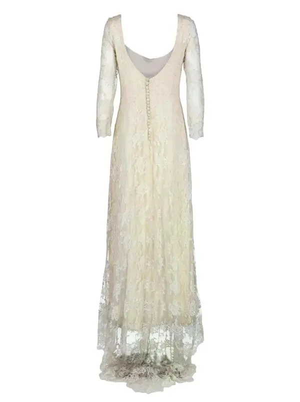 Vintage Floral Lace Maxi Dress With Sweetheart Neckline And Long Sleeves - Neutrals