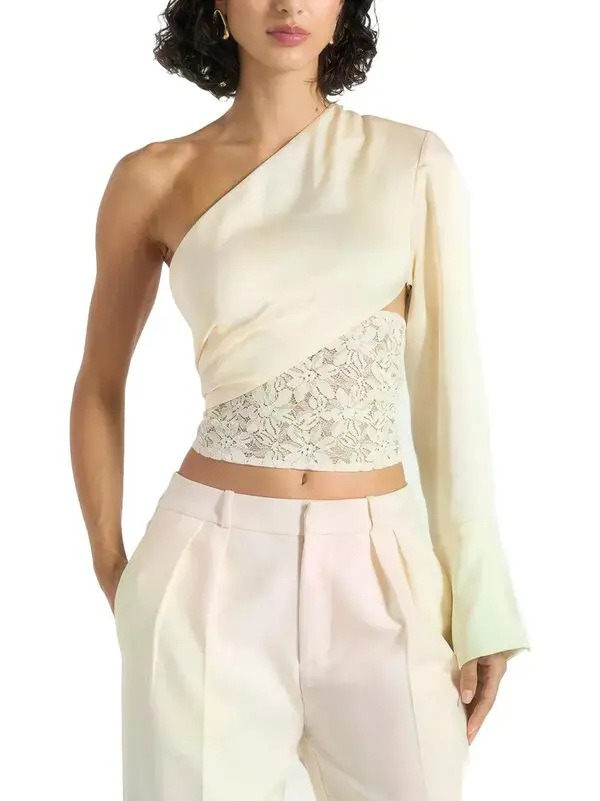 Manière De Voir Coralie One Sleeve Satin And Lace Wrap Top - Neutrals