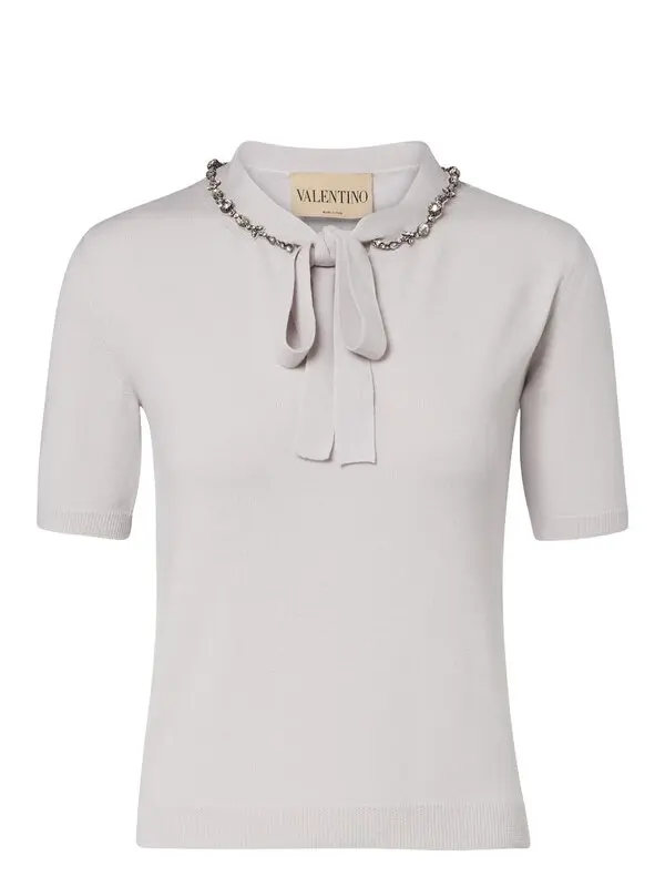 Valentino Garavani Embellished Tie-neck Virgin Wool Sweater - Grey