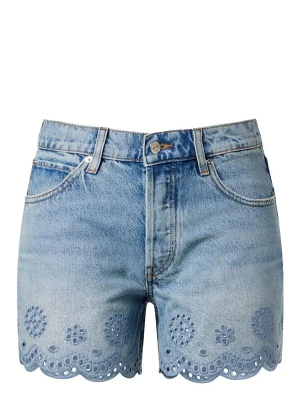 FRAME Long Denim Shorts With Broderie Anglaise Hem - Blue