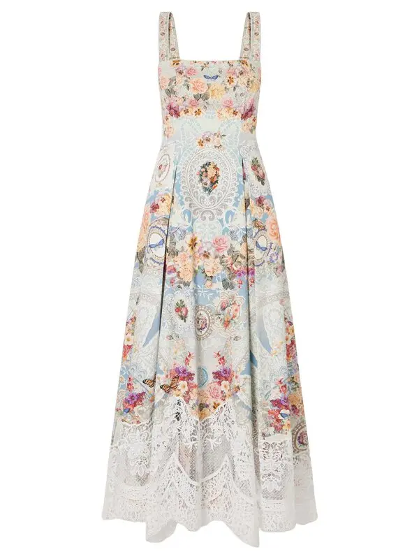 Camilla Printed Lace-trimmed Cotton-blend Midi Dress - Multi