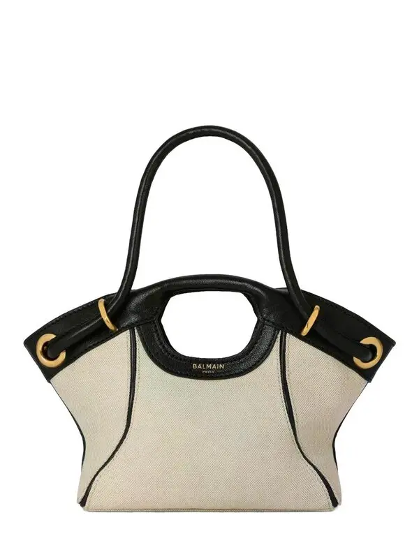 Balmain Small Tote In Smooth Leather And Canvas - Neutrals