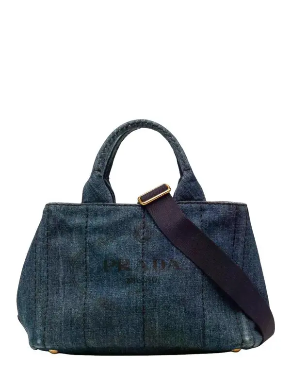 Prada 2013-2026 Small Denim Canapa Logo Satchel - Blue