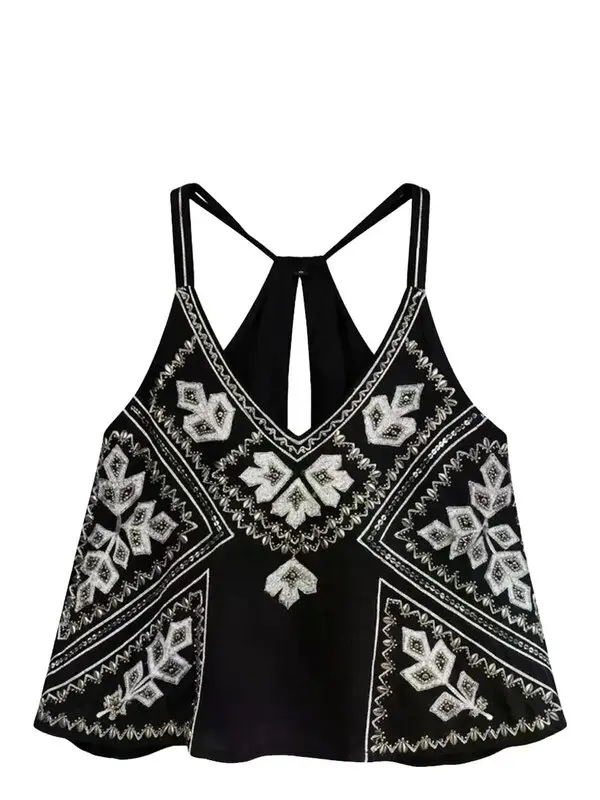 PAHIESA FORMENTERA Embellished Embroidered V-neck Sleeveless Top - Black