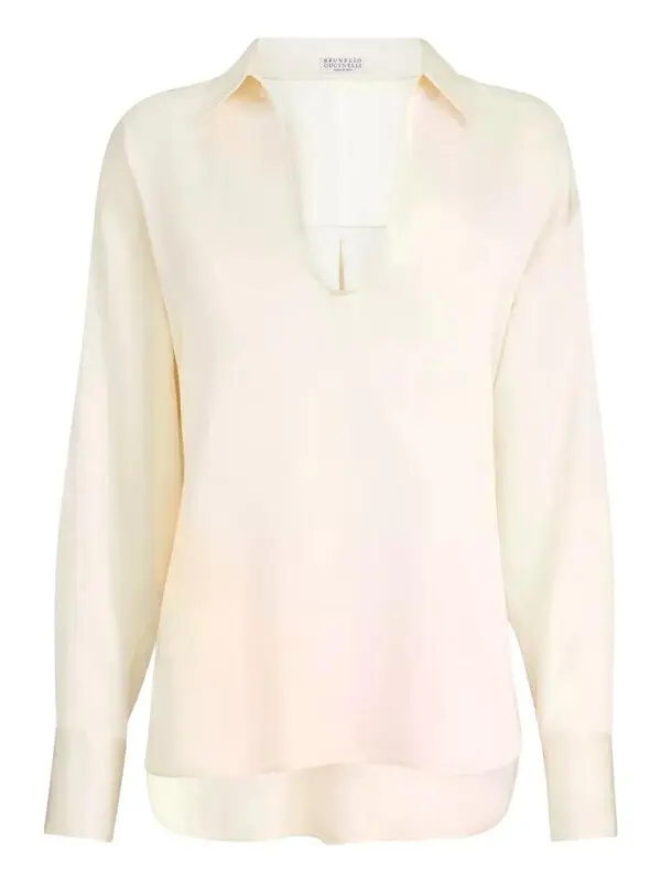 Brunello Cucinelli Silk Satin V-neck Blouse - Neutrals