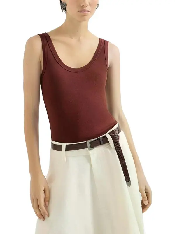 Brunello Cucinelli Ribbed Jersey Top With Monili Decoration - Red