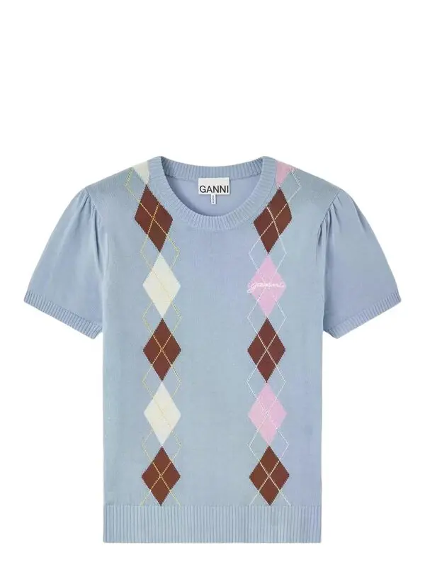 GANNI Argyle Pattern Puff Sleeve T-shirt - Blue