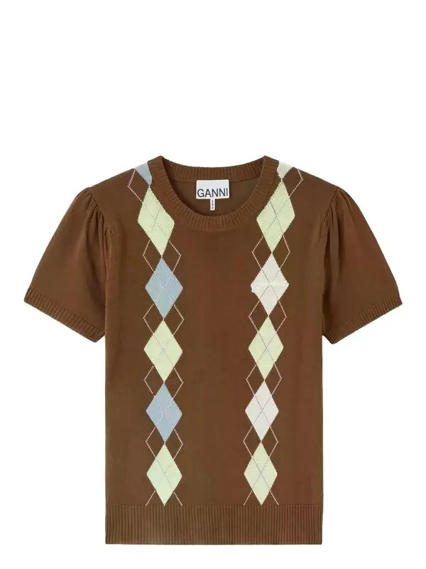 GANNI Argyle Pattern Puff Sleeve T-shirt - Brown
