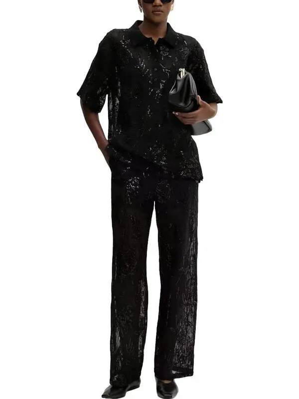 ISABELLE BLANCHE Sequin-embellished Floral-lace Polo Shirt - Black