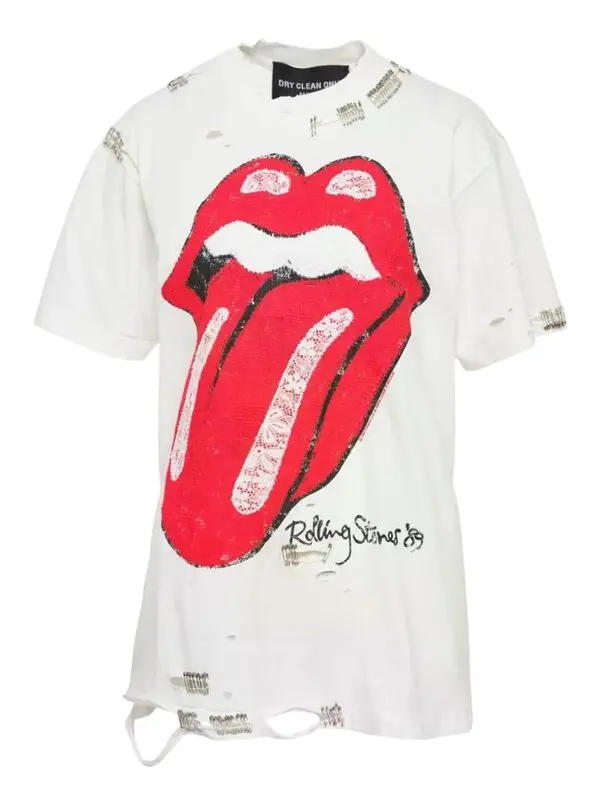 DRY CLEAN ONLY Distressed Effect T-shirt With Safety Pin Embellishments - White