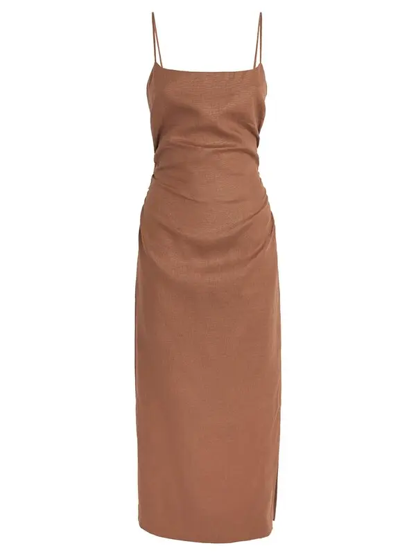 SIR. The Tommy Midi Dress In Linen - Brown