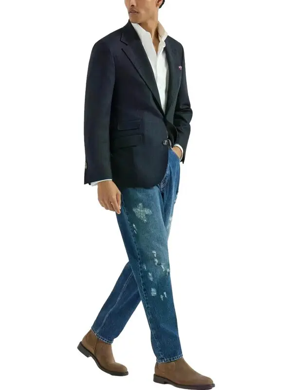 Brunello Cucinelli Mouliné Virgin-wool Twill Deconstructed Cavallo Blazer With Metal Buttons - Blue