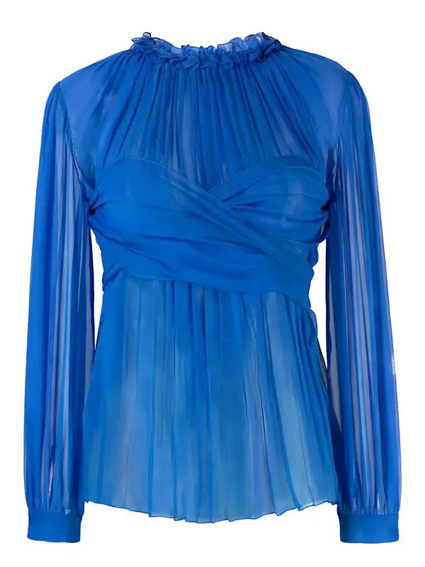 Alberta Ferretti Ruched Sheer Ruffle-neck Blouse - Blue