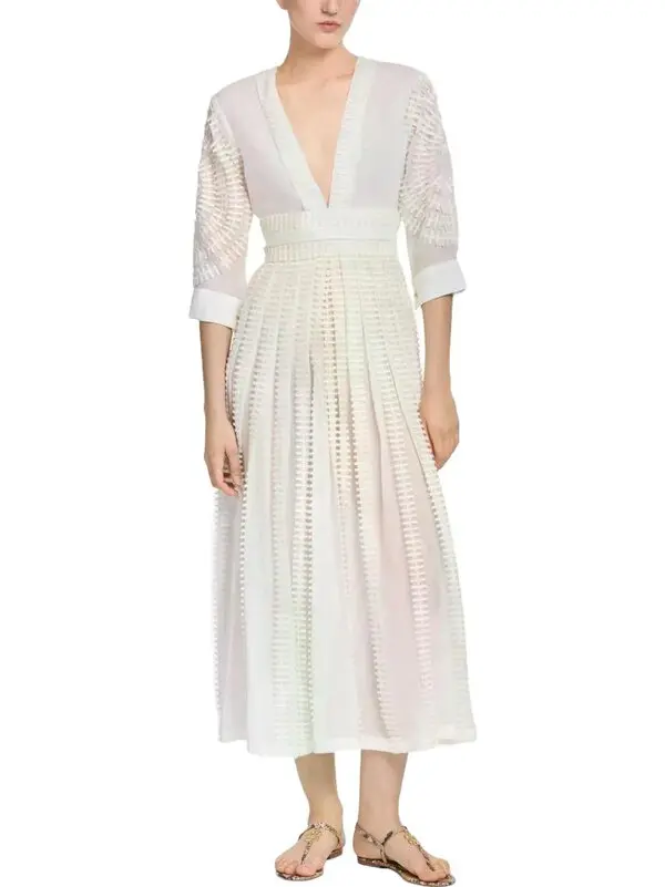 Elie Saab Ladder-stitch V-neck Dress - White