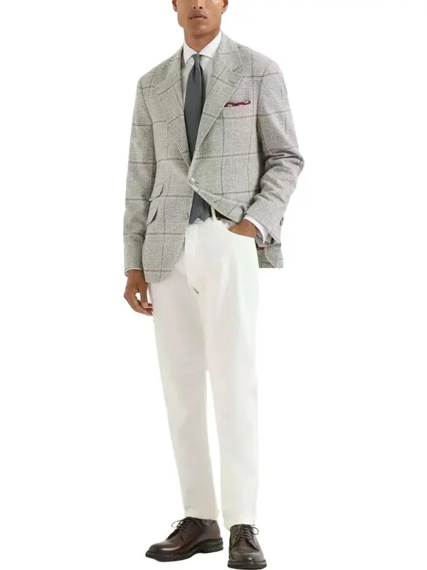 Brunello Cucinelli Silk, Wool And Cashmere Prince-of-wales Flannel Deconstructed Cavallo Blazer With Metal Buttons - Grey