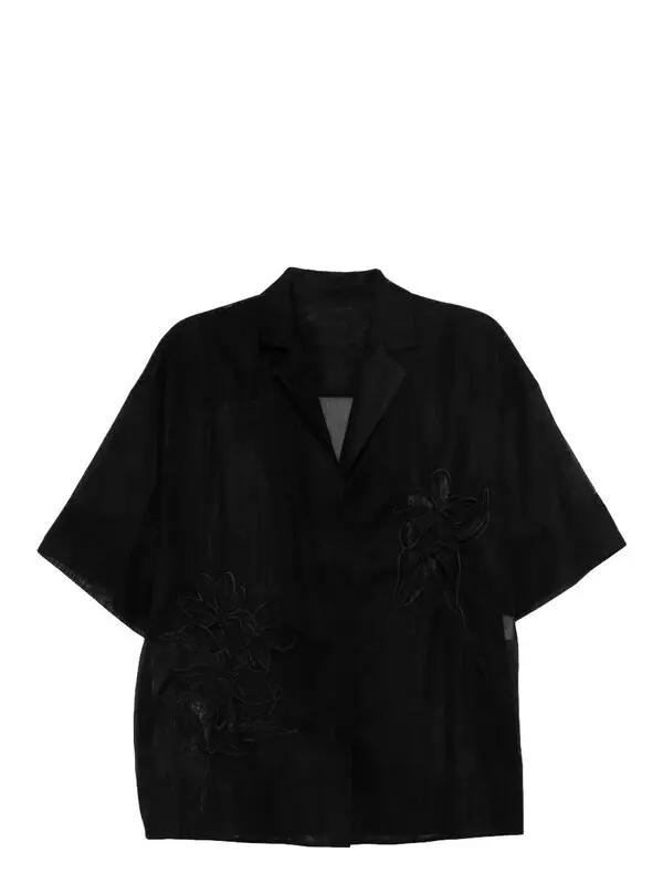 LESS Floral Appliqué Short Sleeve Shirt - Black
