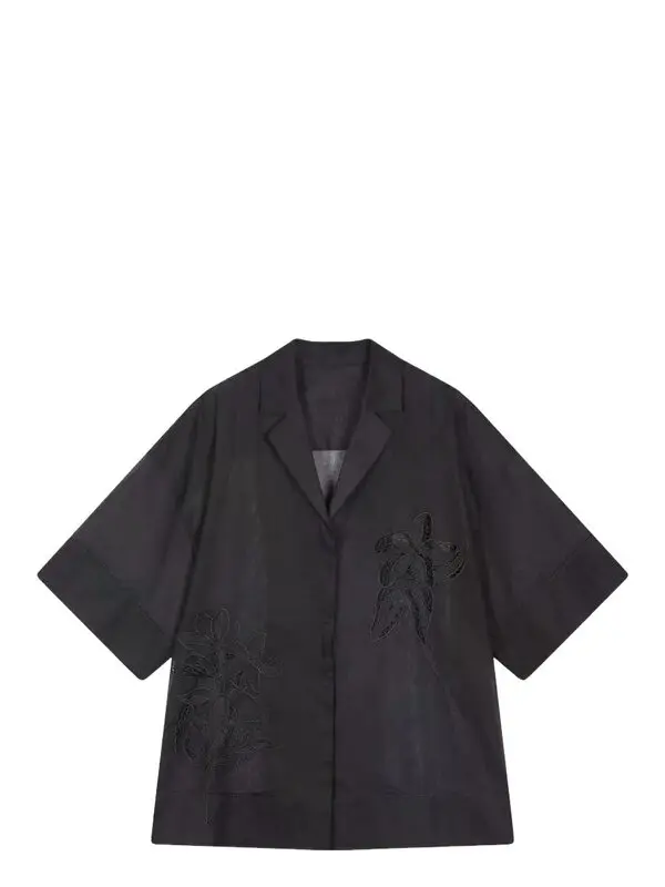 LESS Floral Appliqué Short Sleeve Shirt - Black