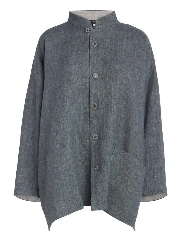 Eskandar Mandarin Collar Linen Wide Longline Jacket - Blue