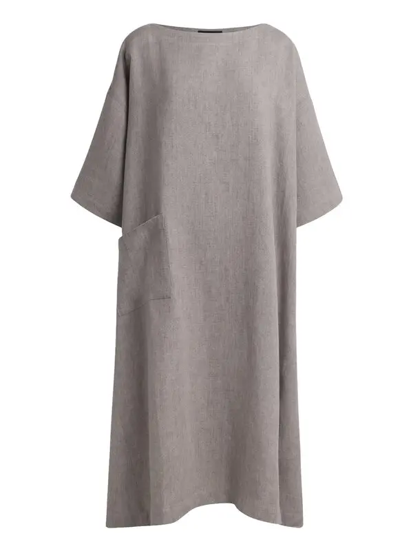 Eskandar Linen Boatneck Midi Dress With Pocket - Grey