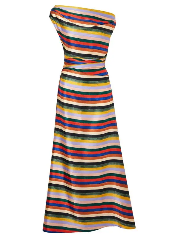Staud Phare One-shoulder Draped Striped Silk-blend Satin Maxi Dress - Multi