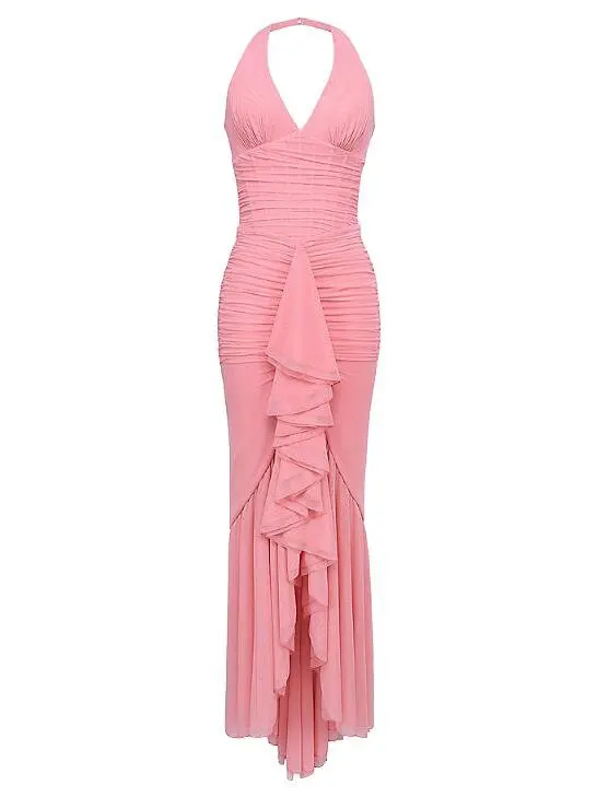 House Of Cb Carmine Halterneck Stretch-mesh Maxi Dress - Raspberry
